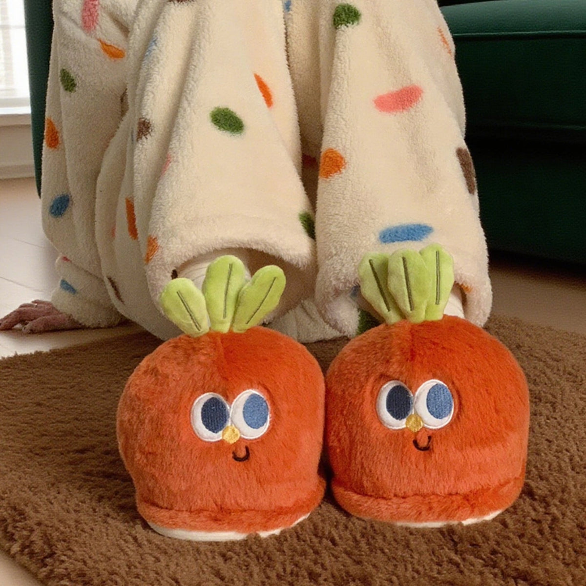 Whimsical Carrot Fuzzy Slippers for Warm Home Comfort – Hello Slippers