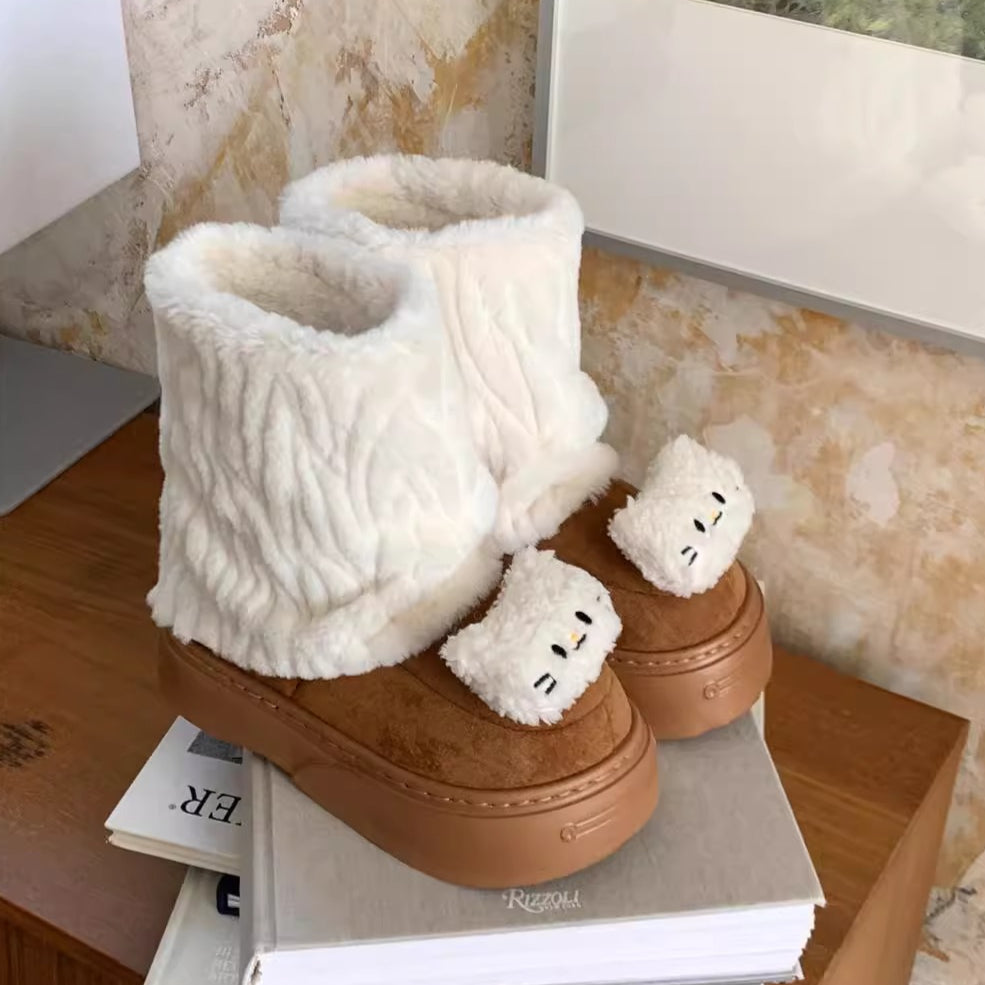 Furry Cat Face Platform Boots for Warm Winter Wear – Hello Slippers