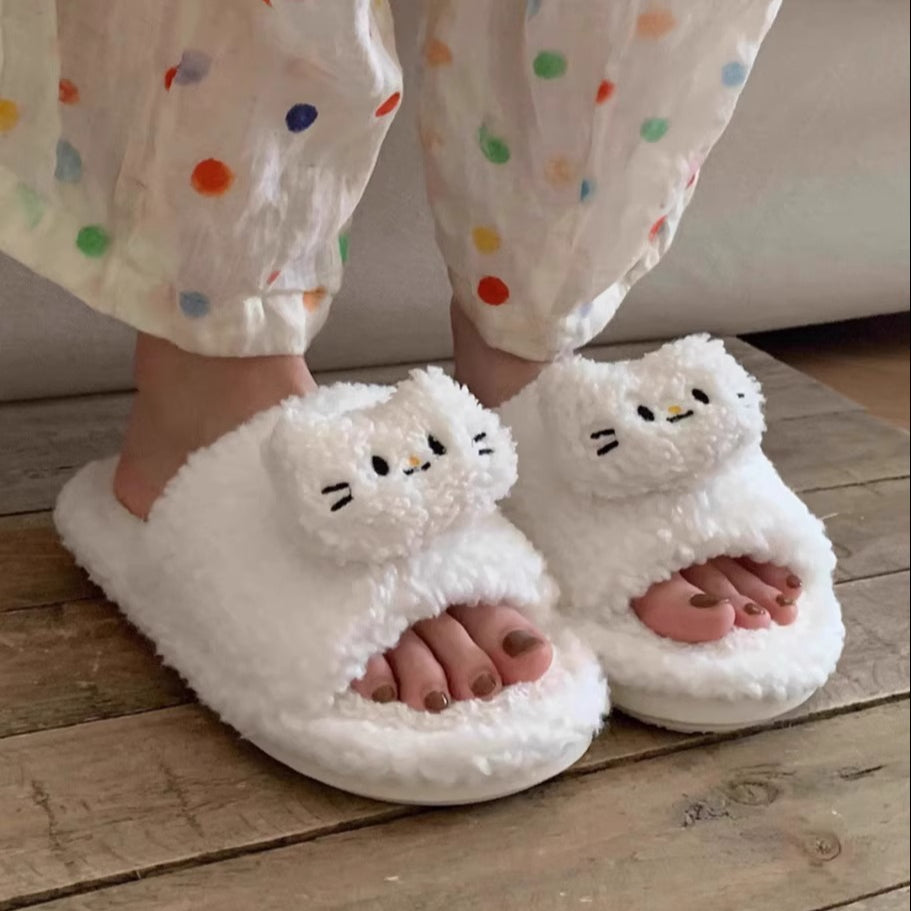 Fuzzy Open-Toe Cat Face Slippers for Cozy Home Comfort – Hello Slippers