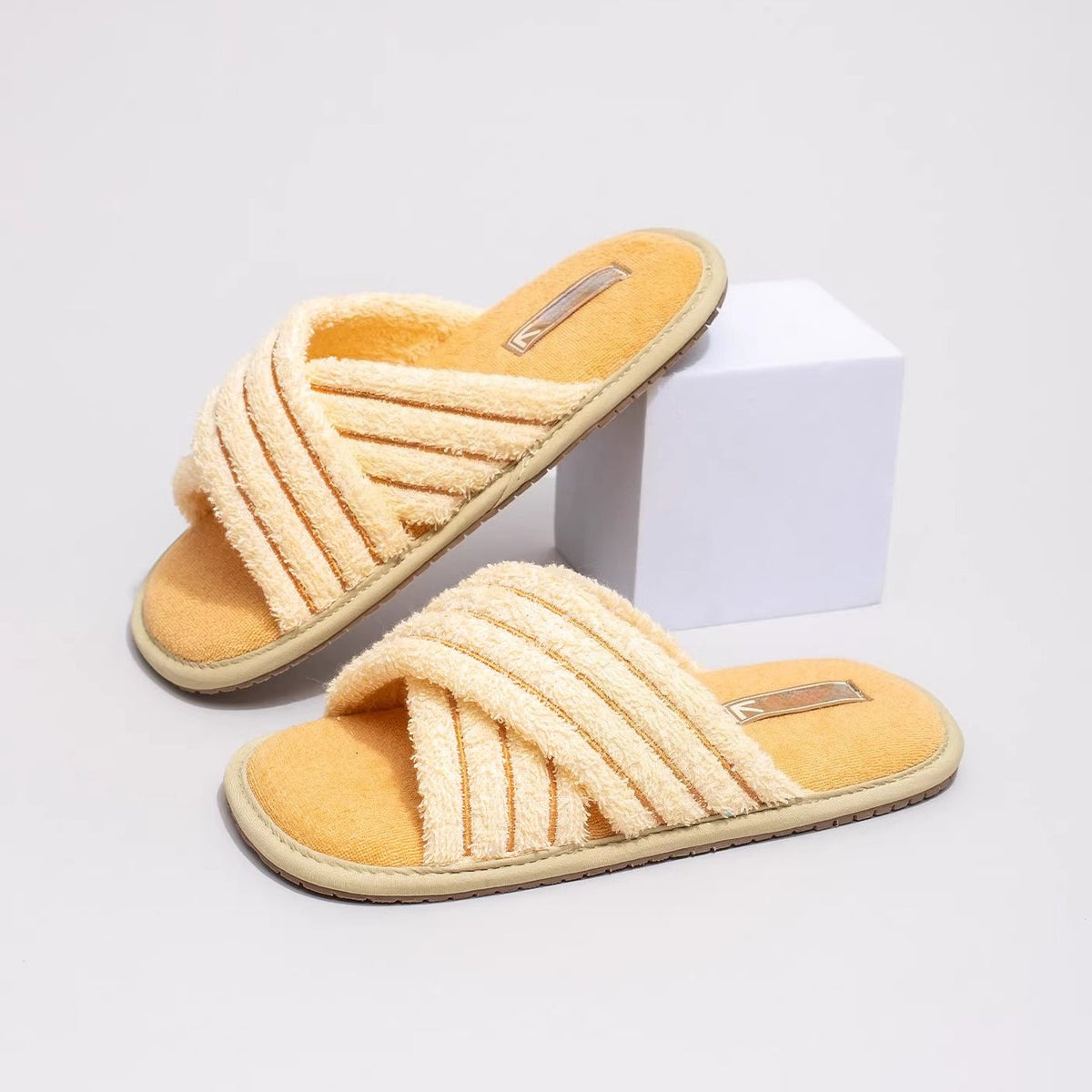 Women's Terry Cloth Cross Band Slides Soft Indoor Slippers – Hello Slippers