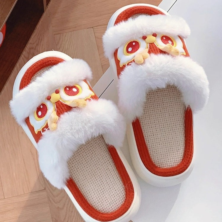 Lion Dance Plush Strap Slides for Cozy Non-Slip Home Wear – Hello Slippers