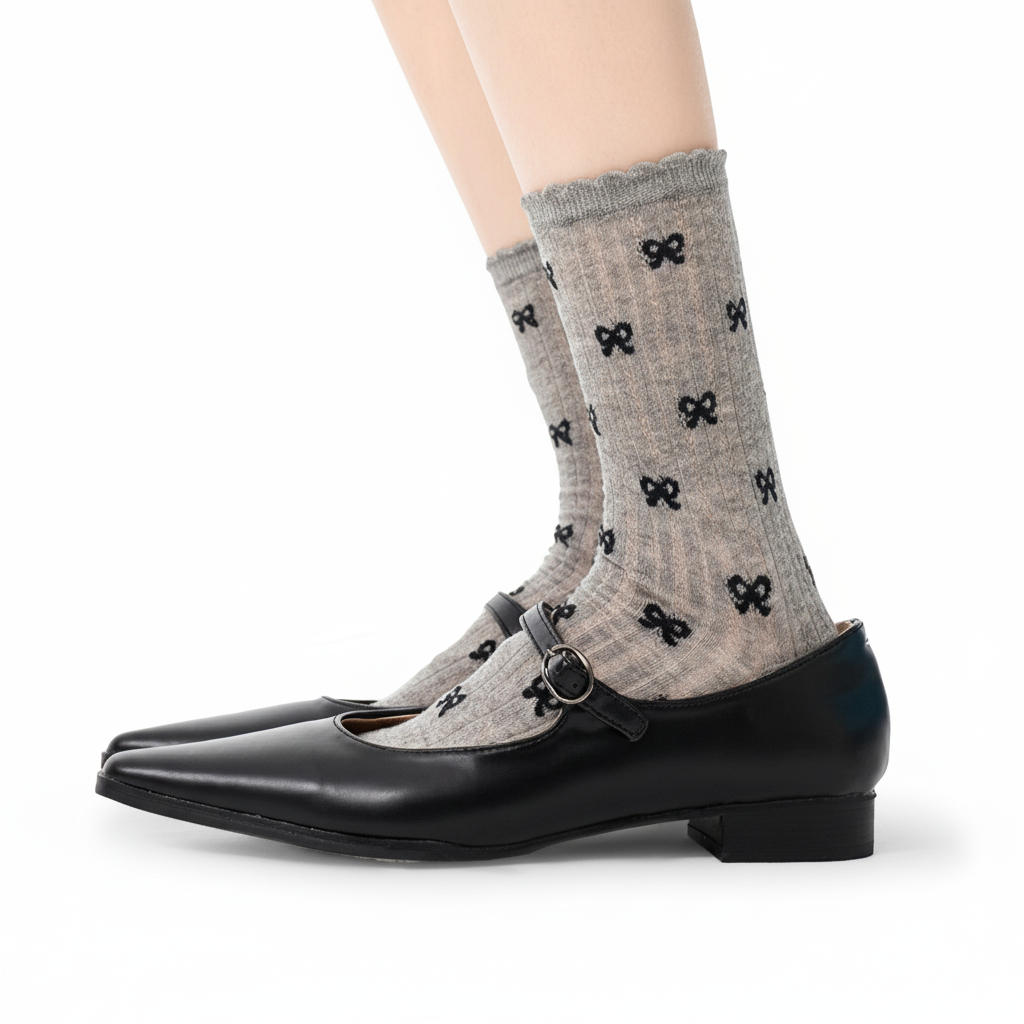 Balletcore Ribbed Bow Crew Socks with Ruffled Cuffs – Hello Slippers