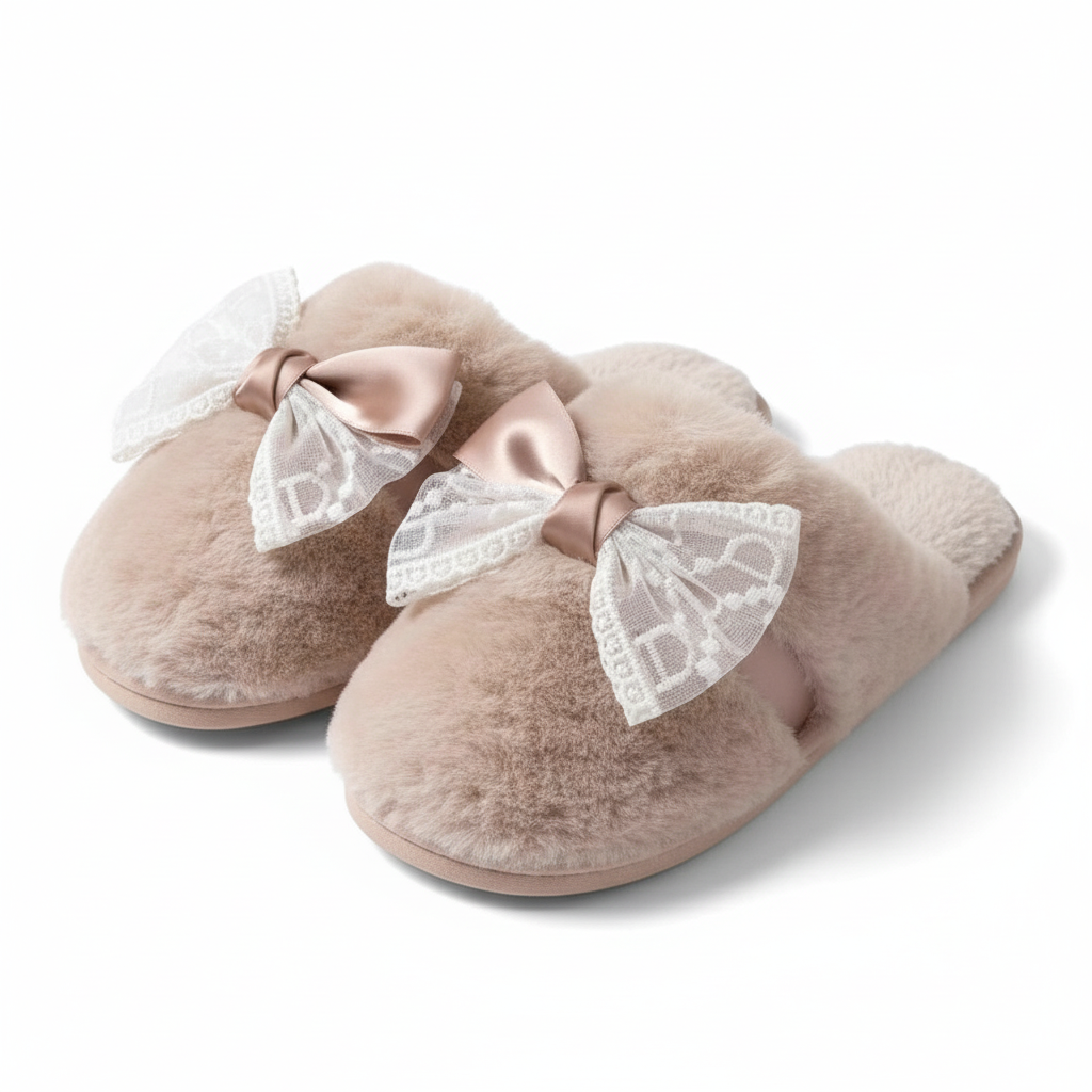 Plush Indoor Slippers with Lace Bow, Warm Cozy Comfort – Hello Slippers