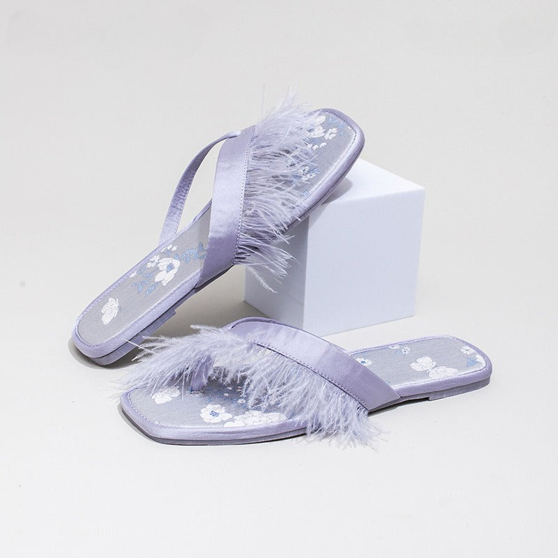 Women's Satin Feather Flip Flops with Floral Print Sole – Hello Slippers