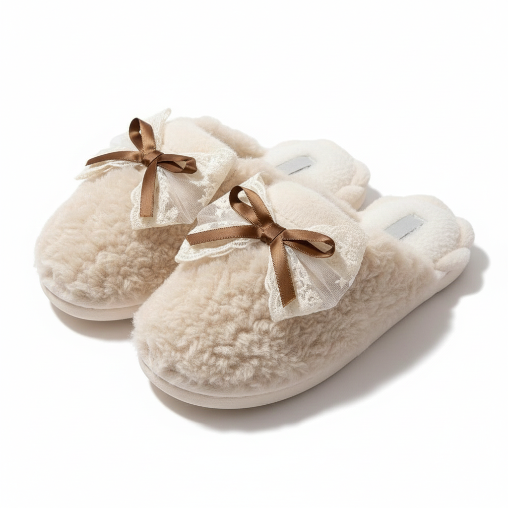 Plush Lace Bow Indoor Slippers for Cozy Home Comfort – Hello Slippers